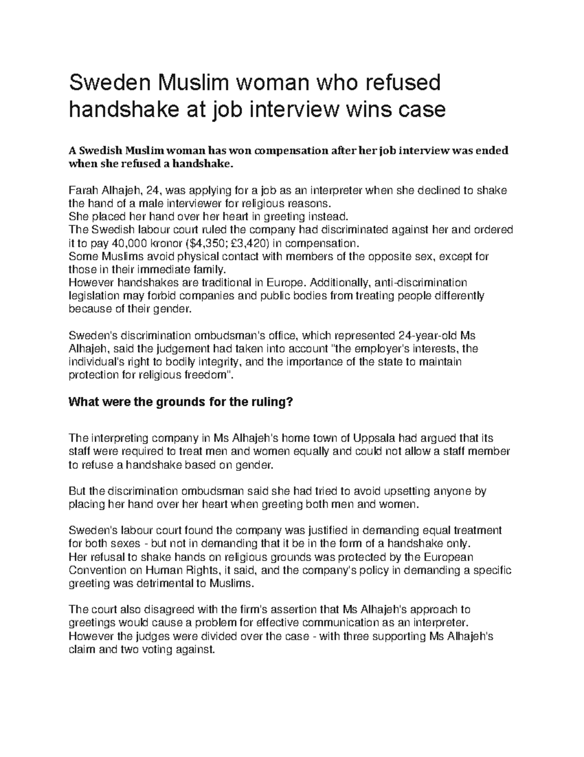 Sweden Muslim woman who refused handshake at job interview wins case ...