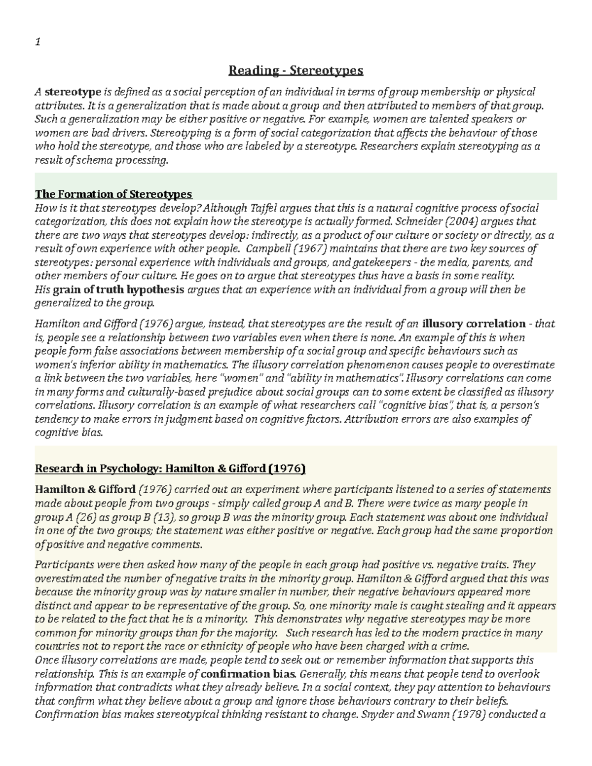Stereotypes reading - 1 Reading - Stereotypes A stereotype is defined ...