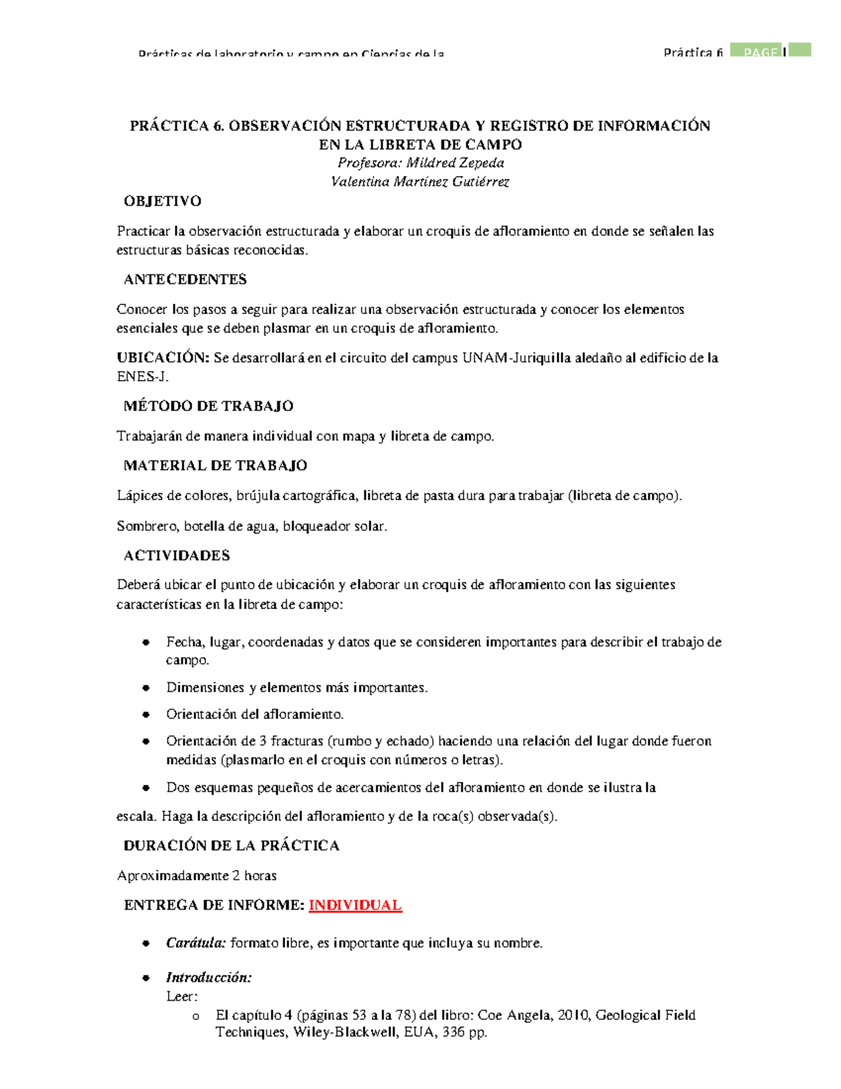 PRÁCTICA 6. OBSERVACIÓN ESTRUCTURADA Y REGISTRO DE INFORMACIÓN EN LA LIBRETA DE CAMPO ...