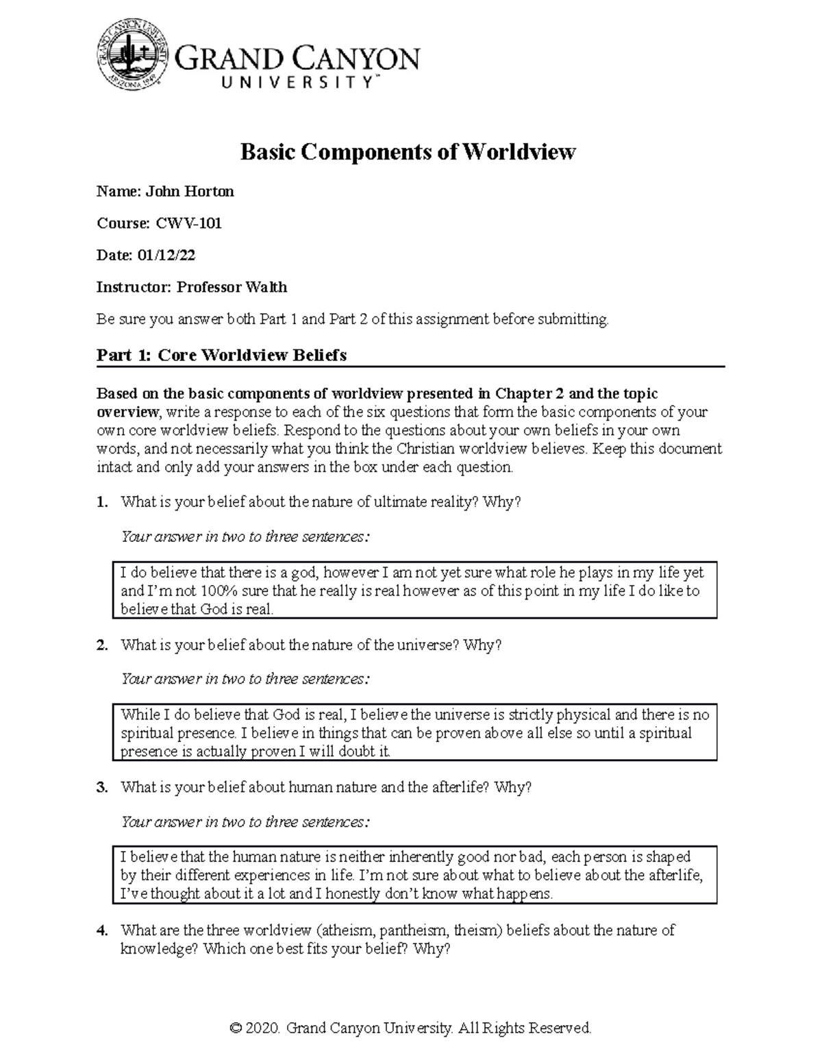 JHorton Basic Components Of Worldview Assignment - Basic Components of ...