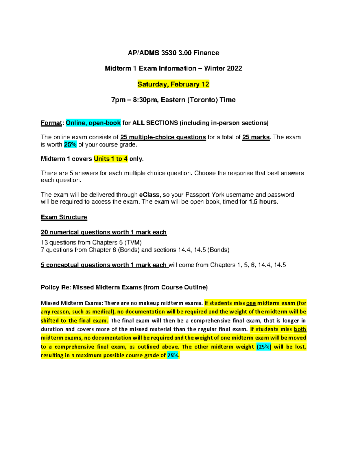 ADMS 3530 W22 - Midterm 1 Information File - AP/ADMS 3530 3 Finance ...