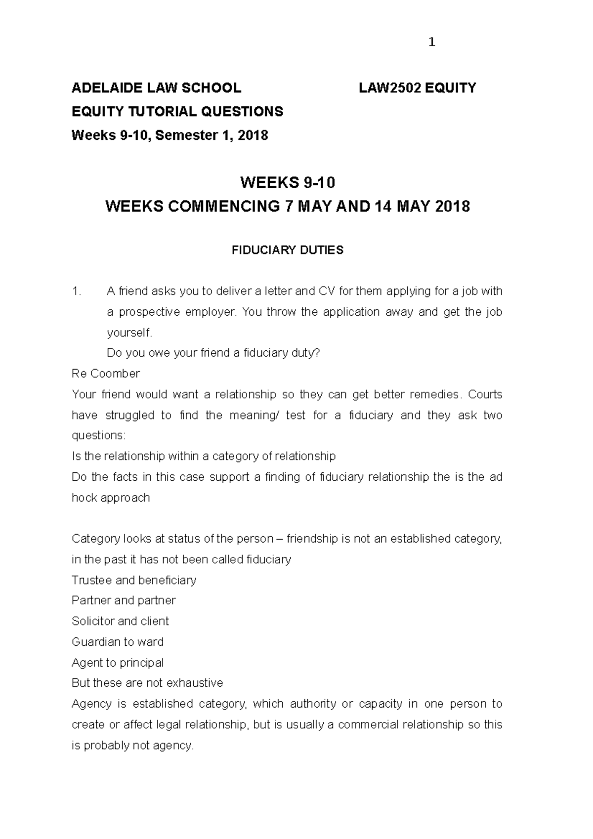 My Uni Weeks 9-10 Tutorial Questions - Fiduciary Obligations (LAW2502 Equity)(Weeks 9 and 10 ...