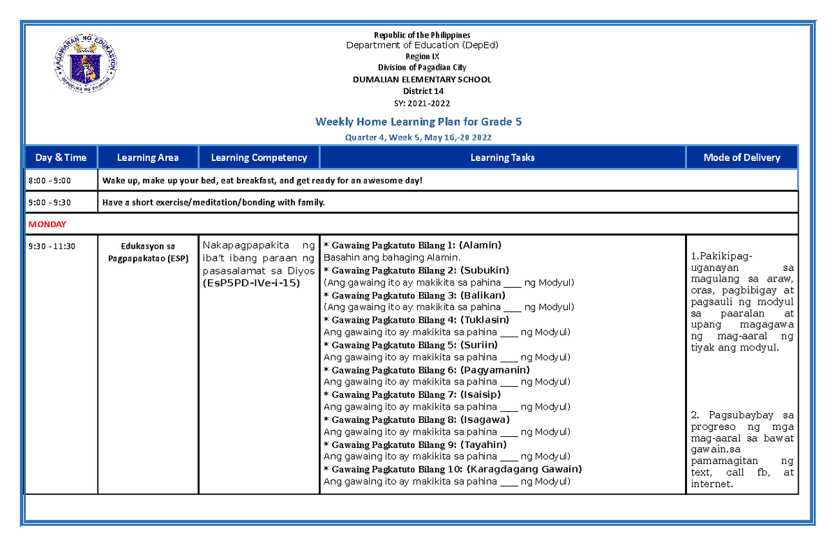 WHLP Grade 5 Q4 W5 - n/a - Weekly Home Learning Plan for Grade 5 ...