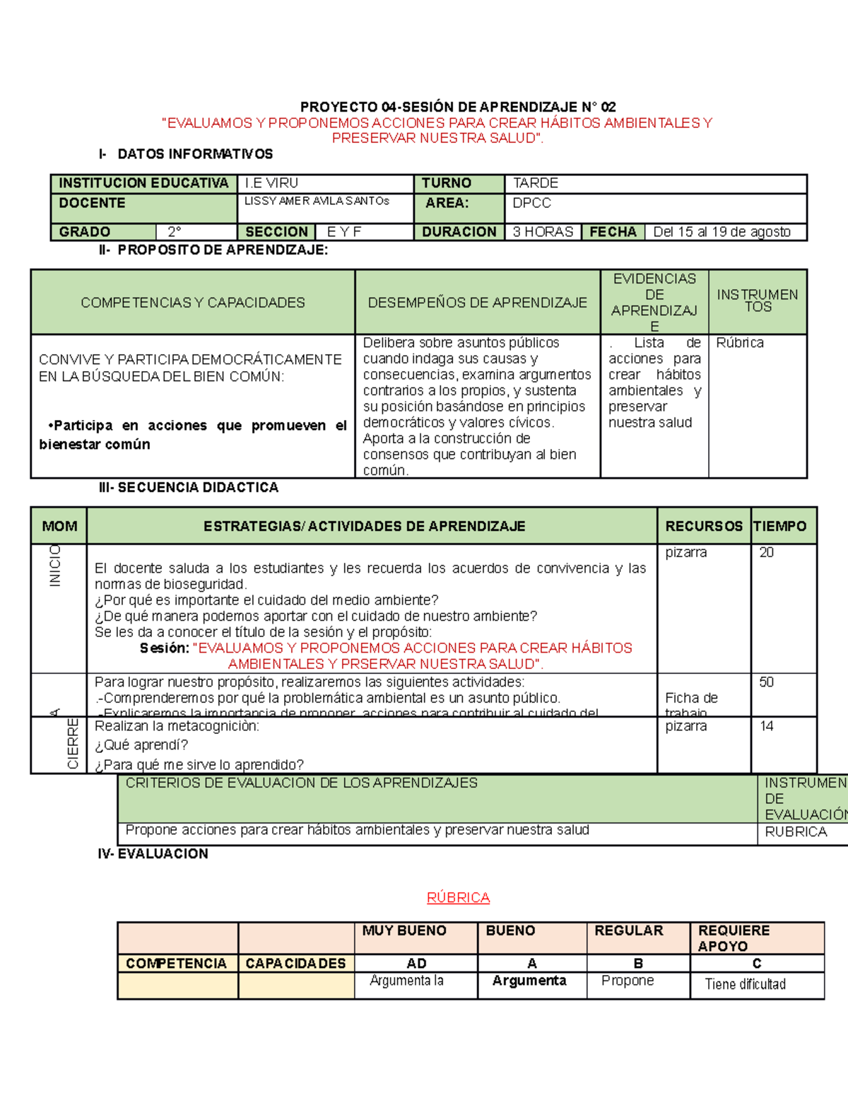 DPCC- Proyecto 4- Sesion 2 - PROYECTO 04-SESIÓN DE APRENDIZAJE N° 02 “EVALUAMOS Y PROPONEMOS ...
