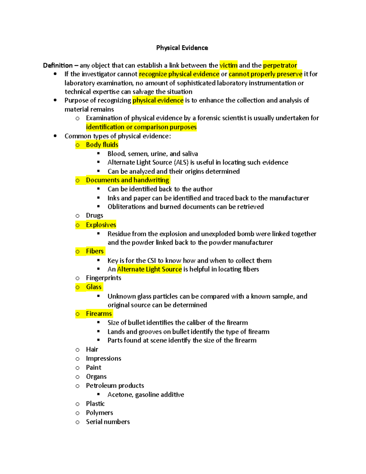 Physical Evidence (Exam 1 Material) - Physical Evidence Definition ...