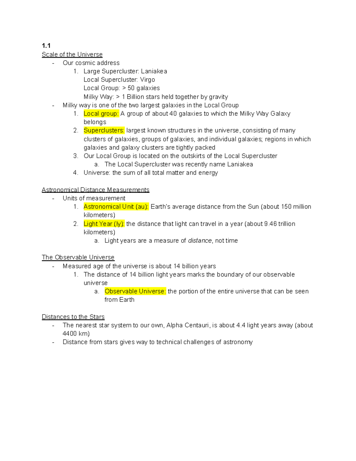 Ch 1, 1 - Ch. 1, 1.1 notes, taught by Susan Holtz - 1. Scale of the ...