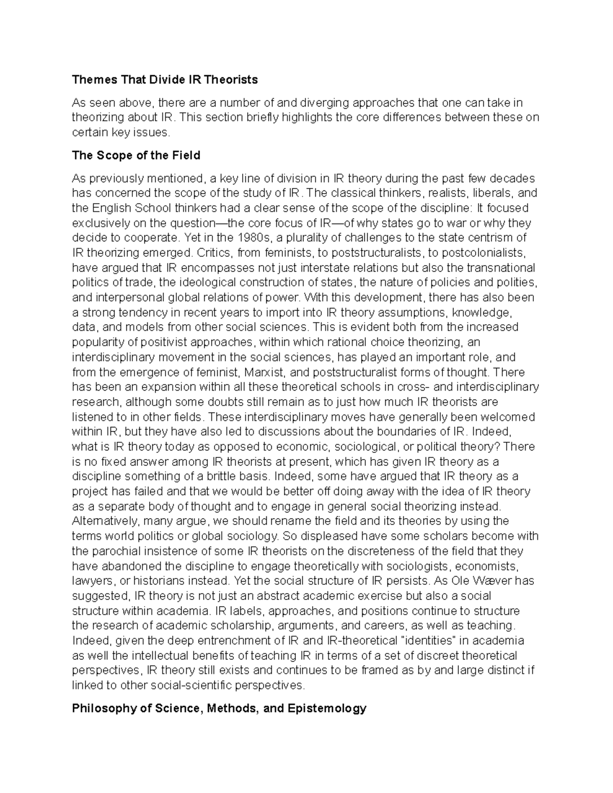 Themes That Divide IR Theorists - This section briefly highlights the ...