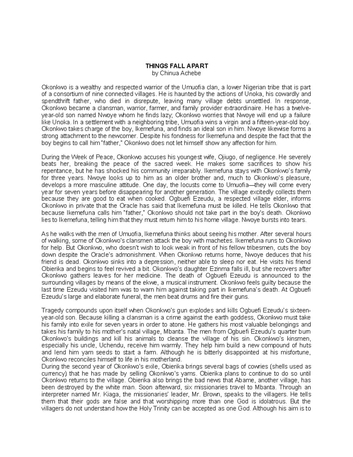 Summary of Things fall apart - THINGS FALL APART by Chinua Achebe ...