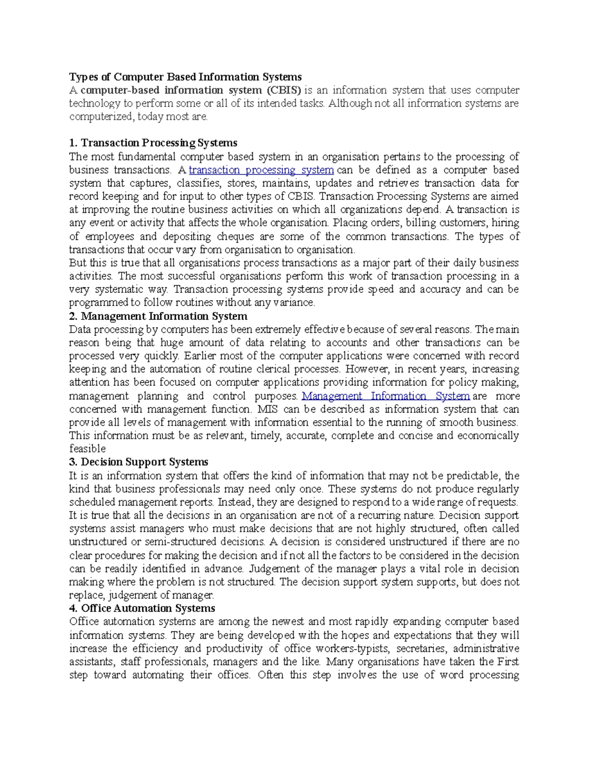 MIS Types Of Computer Based Information Systems A Computer based