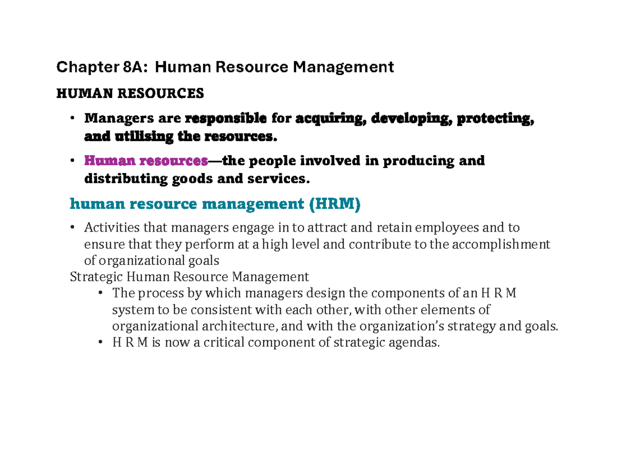 Chapter 8A - NOTES - Chapter 8A: Human Resource Management HUMAN ...