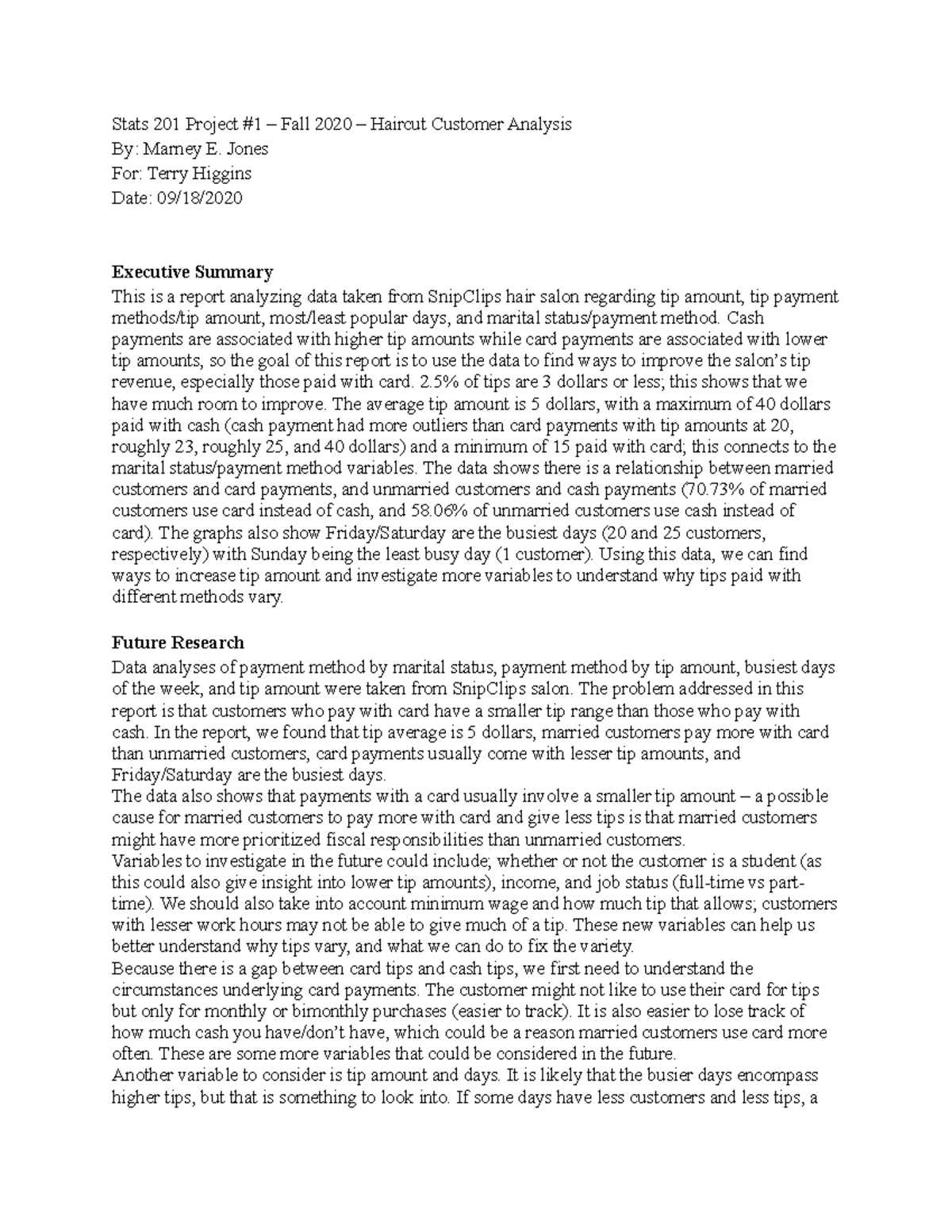 Stats 201 project 1 - Stats 201 Project #1 – Fall 2020 – Haircut ...