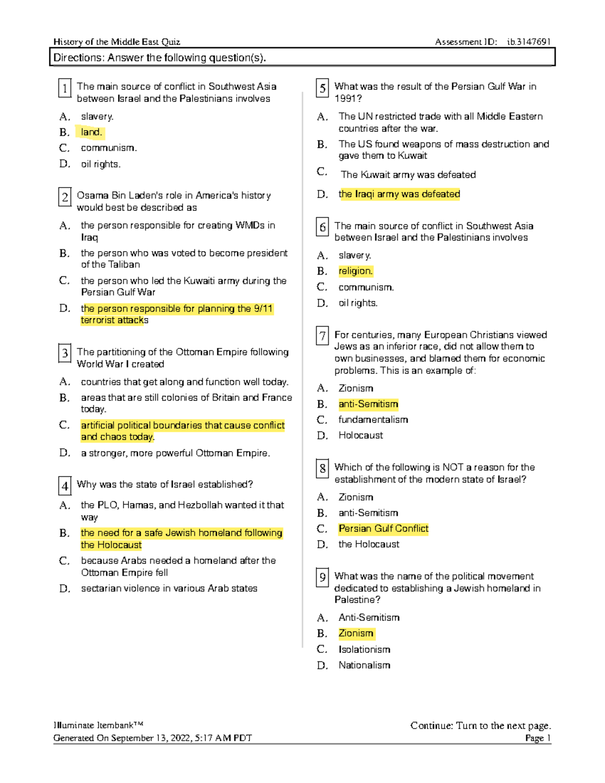 Middle East Quiz - good - 1 The main source of conflict in Southwest ...