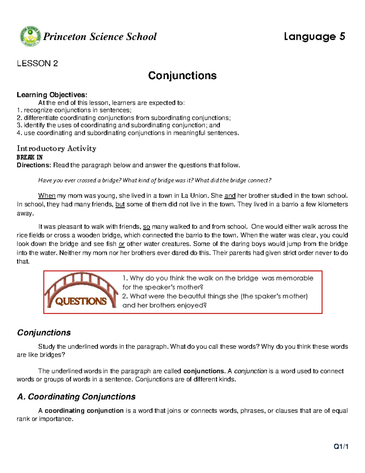 conjunctions elementary grade five lets learn - Princeton Science ...
