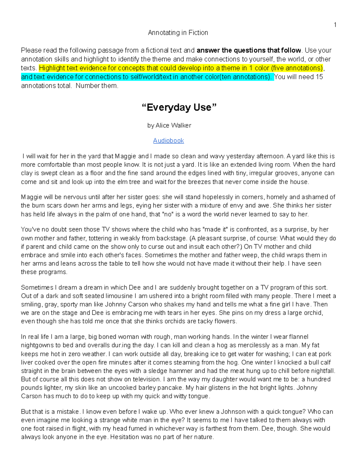 Copy of Everyday Use Summative - Annotating in Fiction Please read the ...