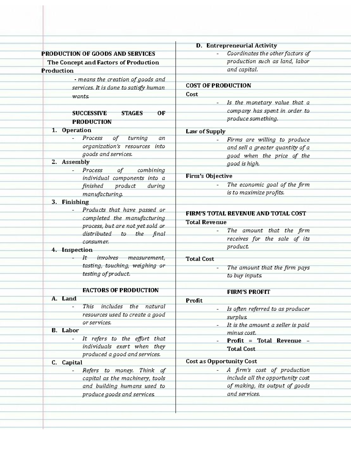 ENTREPRENEURSHIP - PRODUCTION OF GOODS AND SERVICES The Concept and ...