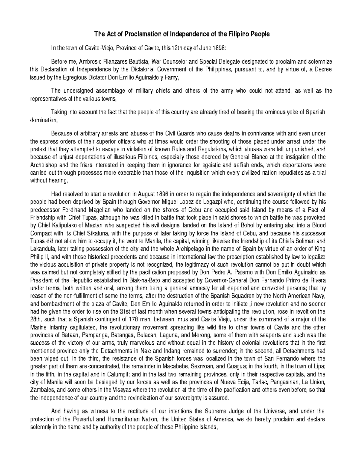 GEC HIST The Act of Proclamation of Independence of the Filipino People ...