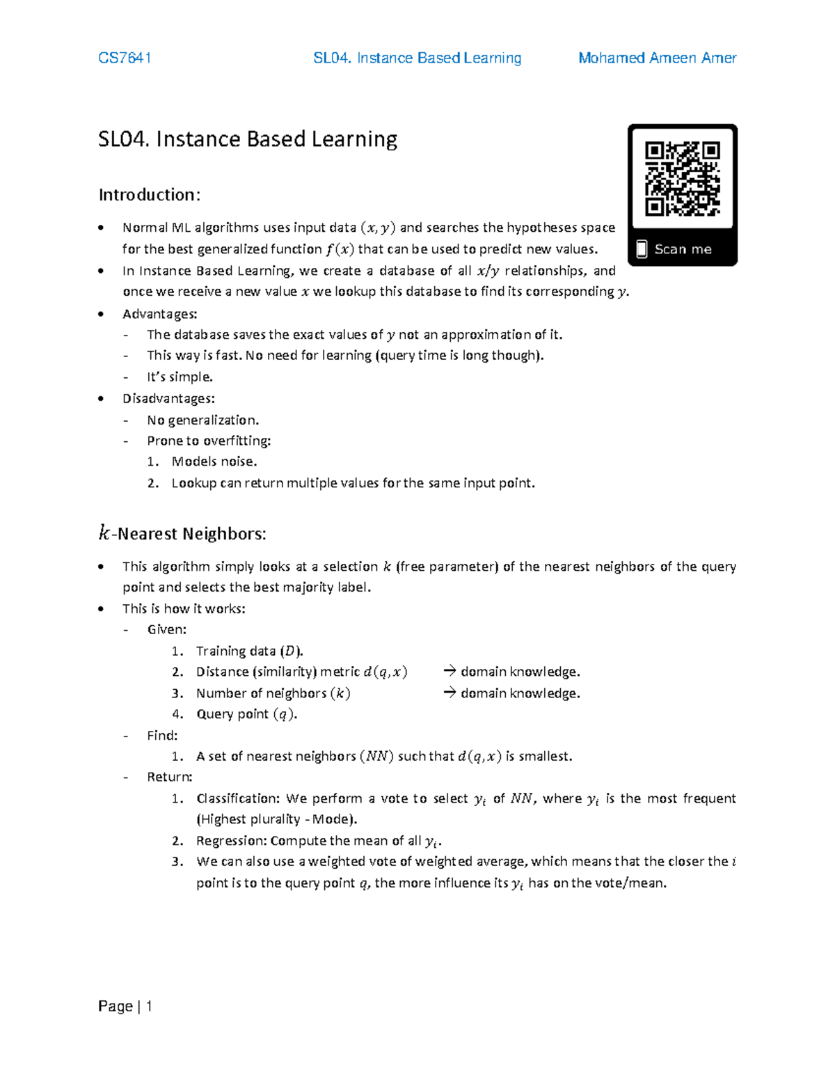 SL04. Instance Based Learning - CS7641 SL04. Instance Based Learning Mohamed Ameen Amer Page | 1 ...