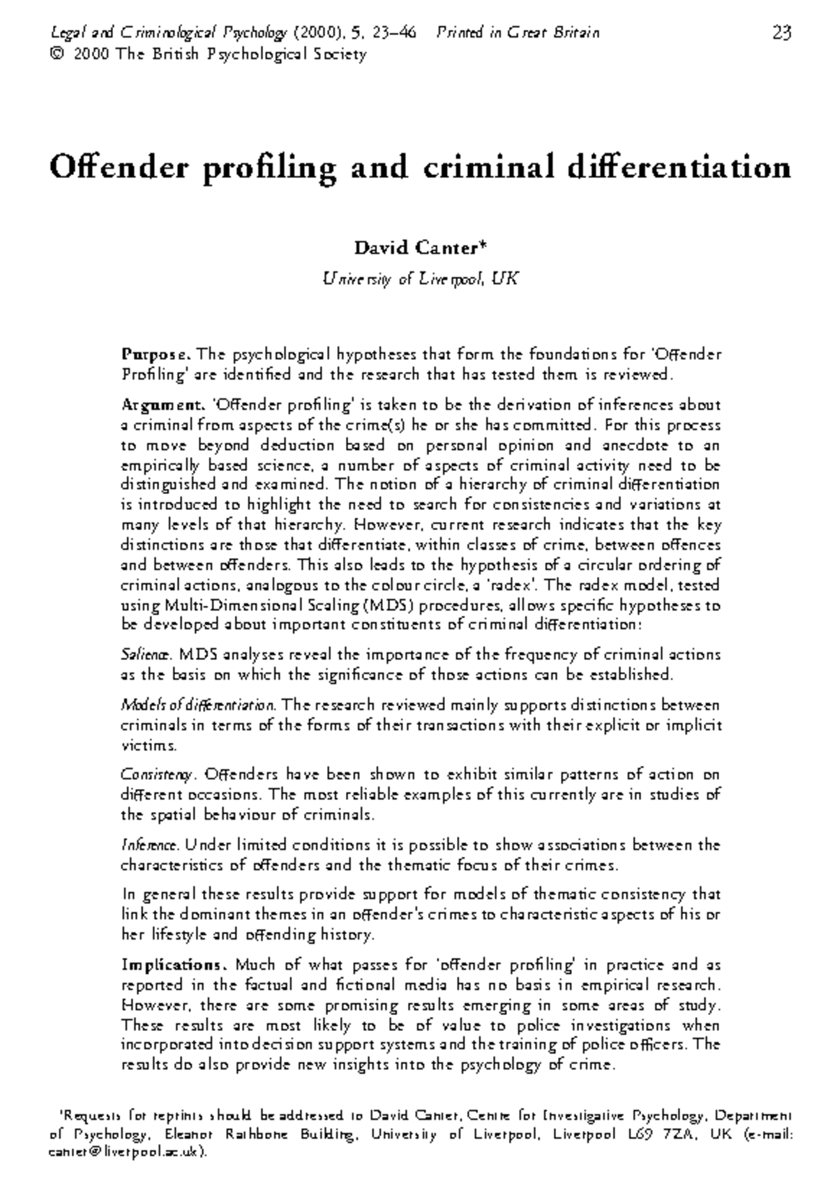 David canter - offender profiling - Legal and Criminological Psychology ...