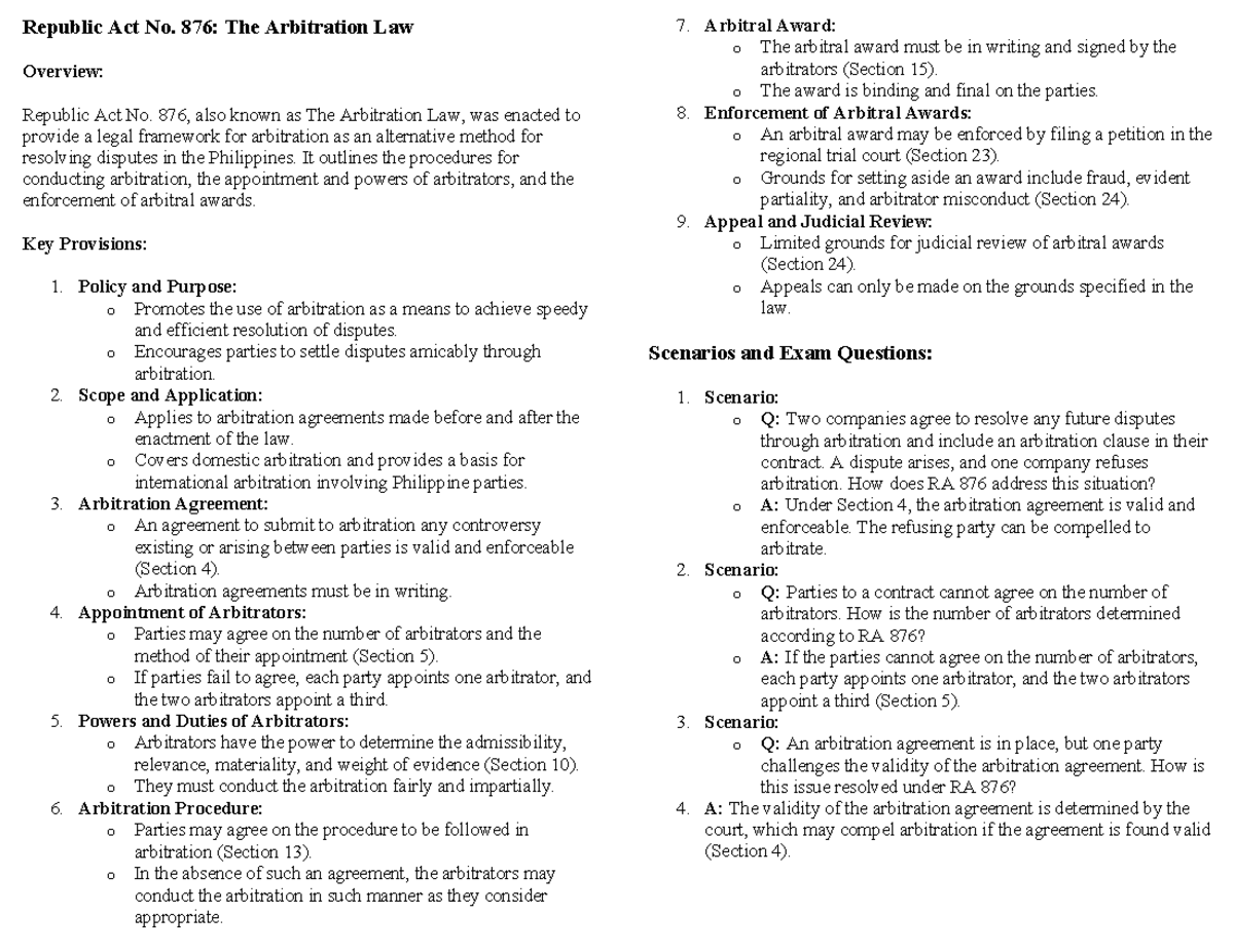 Republic Act No. 876 The Arbitration Law summary - Republic Act No. 876 ...