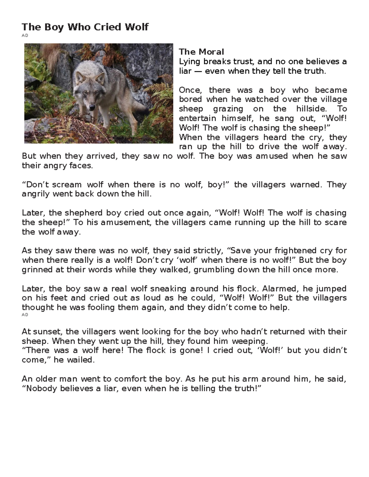 The Boy Who Cried Wolf - SHORT STORIES - The Boy Who Cried Wolf AD The ...