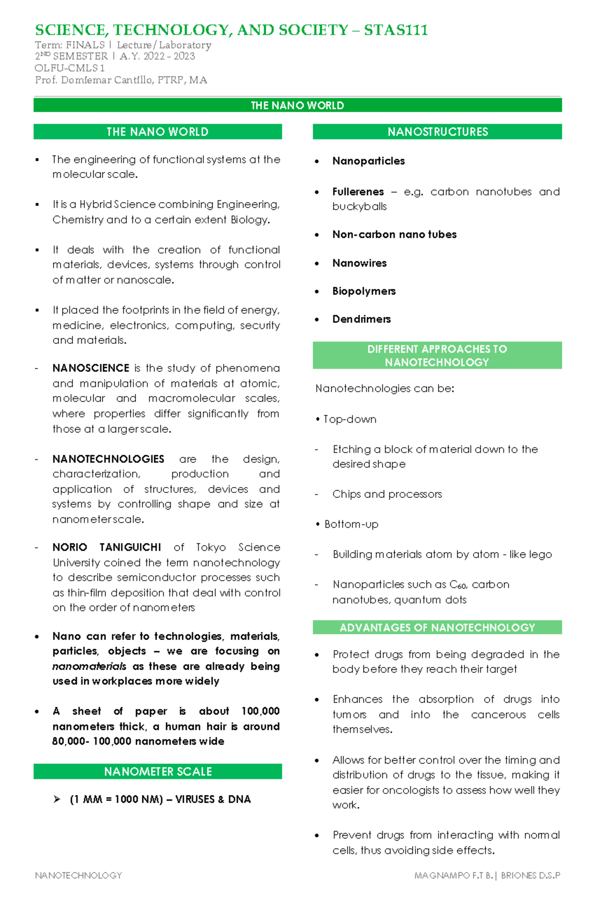 STAS - Nanotechnology - LECTURE NOTES - SCIENCE, TECHNOLOGY, AND ...
