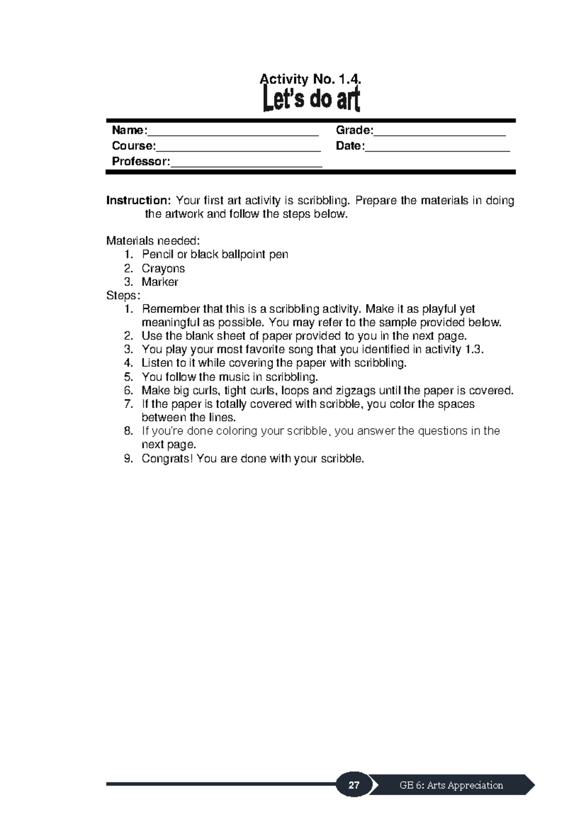 Chapter-1 activity-1.4 - 27 GE 6: Arts Appreciation Activity No. 1 ...