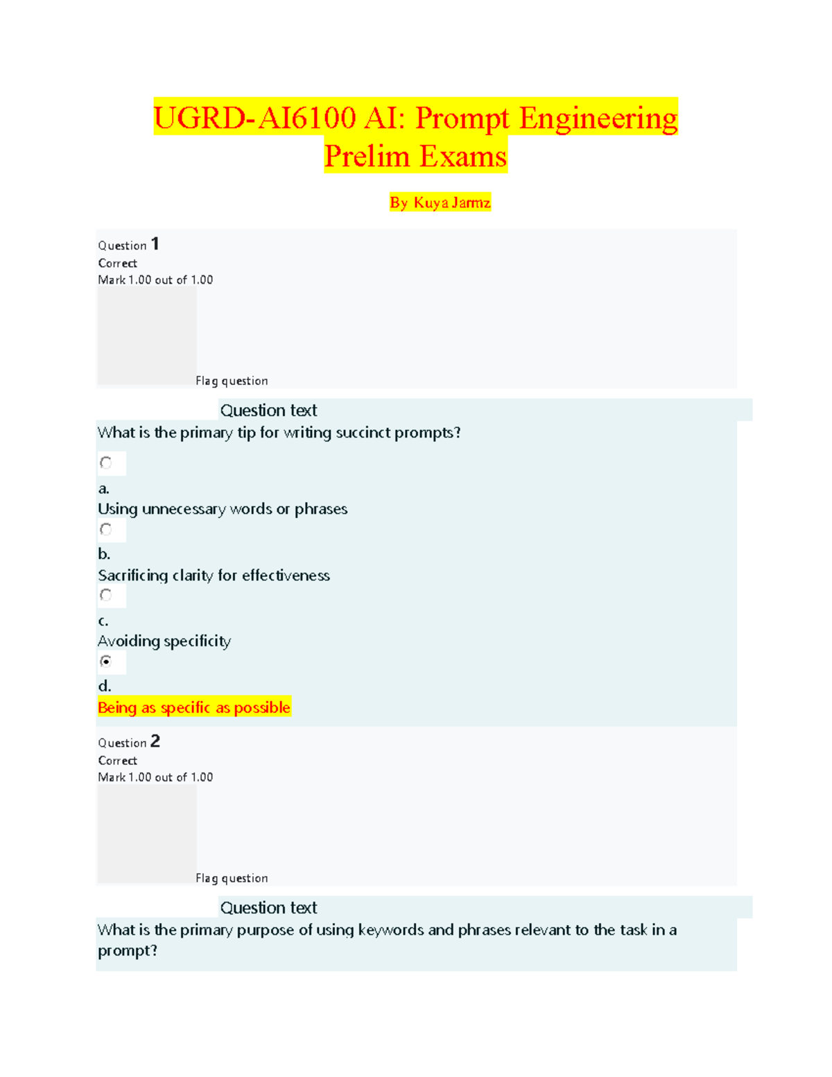 A.I Prompt 1 Prelim EXAM - UGRD-AI6100 AI: Prompt Engineering Prelim Exams By Kuya Jarmz ...