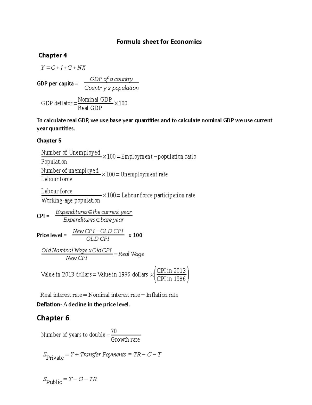 Formula Macro 1100 Equations - Formula sheet for Economics Chapter 4 Y ...