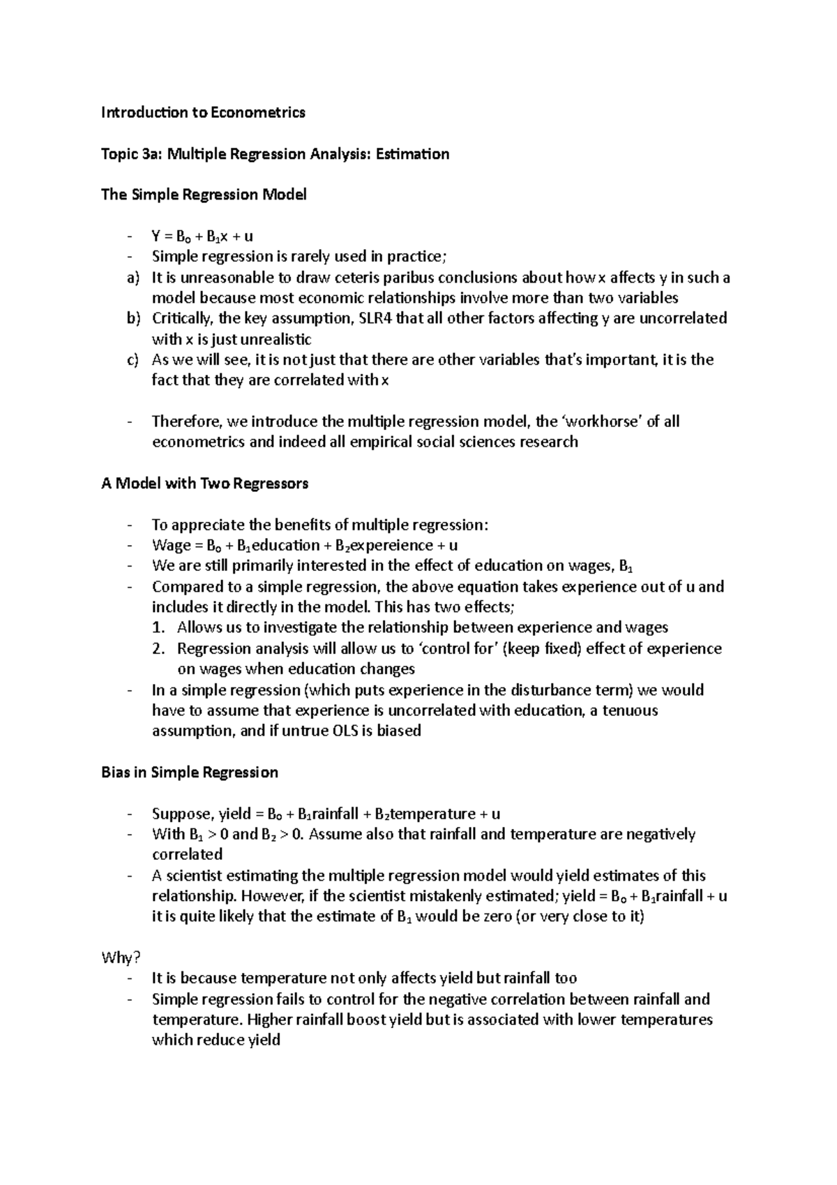 Topic 3a - Introducion to Econometrics Topic 3a: Muliple Regression ...