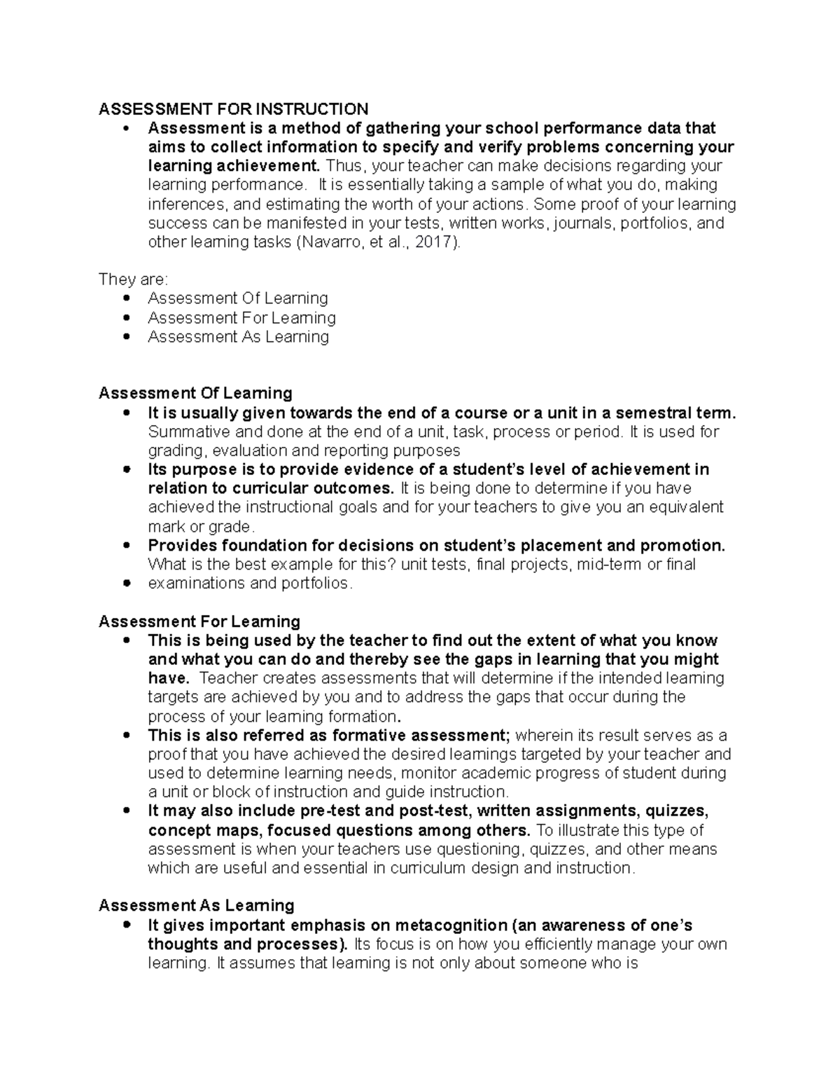 Assessment of learning - ASSESSMENT FOR INSTRUCTION Assessment is a ...