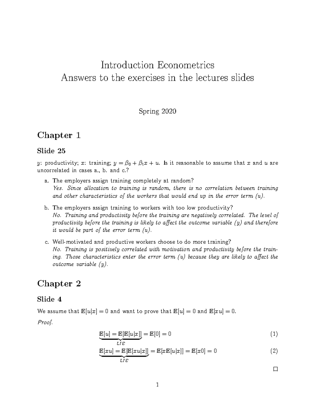 Answers Exercises In Lectures Week 1 Introduction Econometrics Answers To The Exercises In The