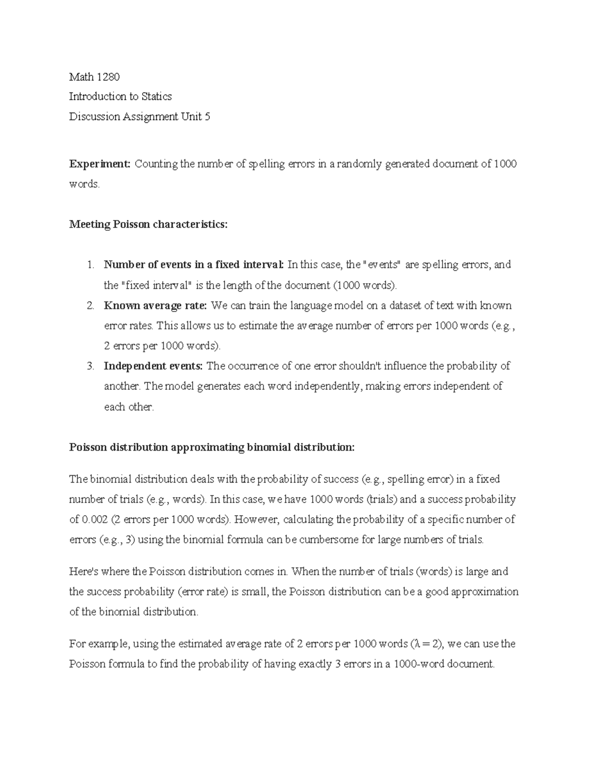 Math 1280 Discussion Assignment Unit 5 - Math 1280 Introduction to ...