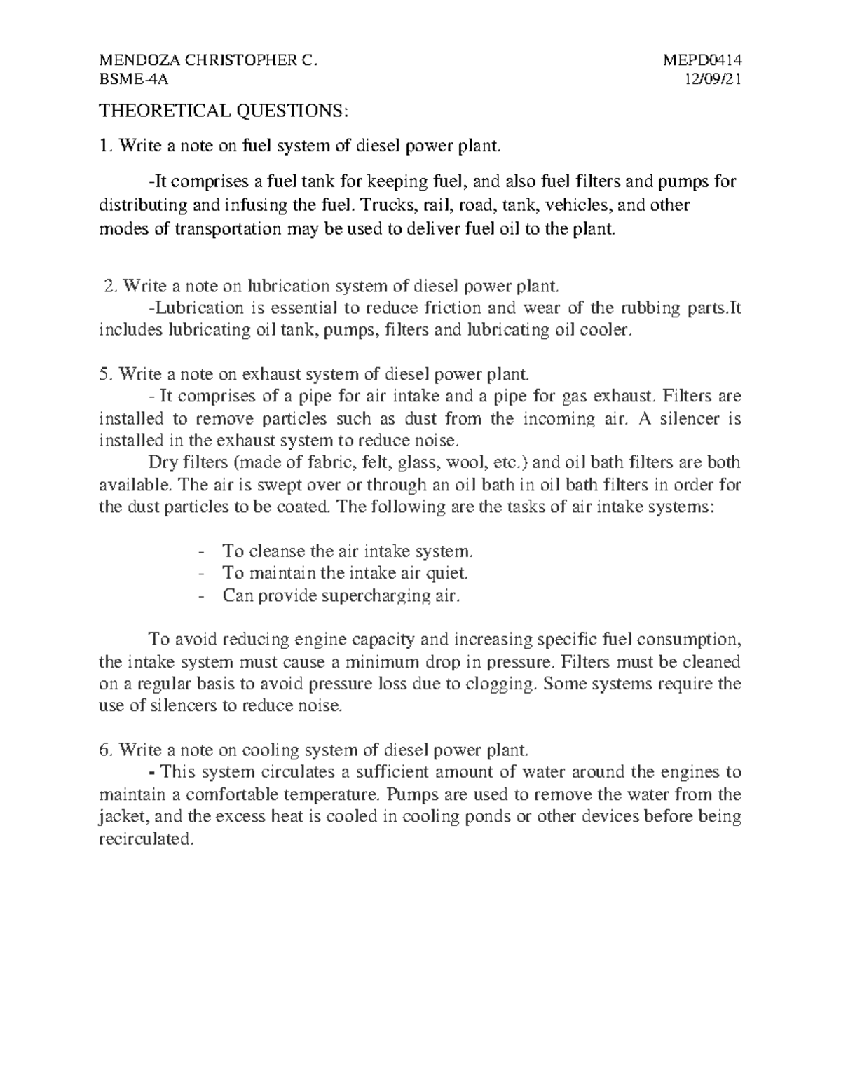 Theoretical Questions - MENDOZA CHRISTOPHER C. MEPD BSME-4A 12/09 ...