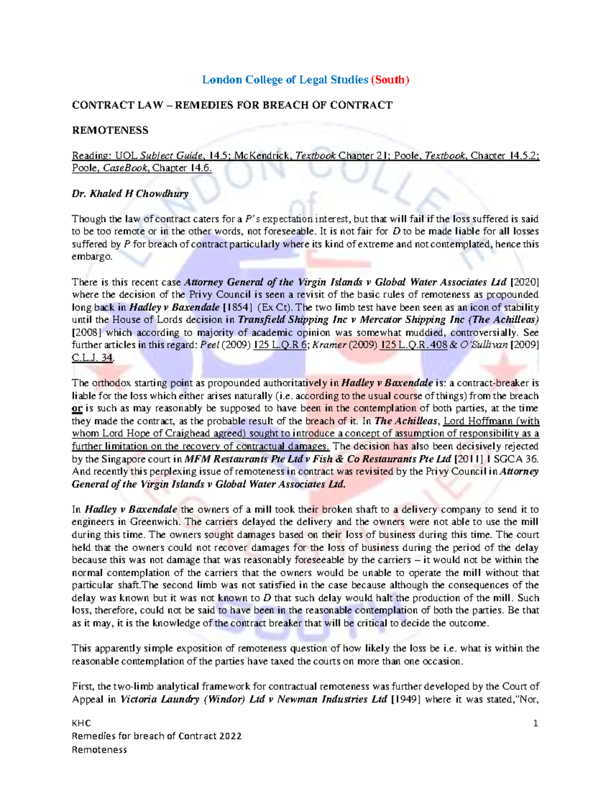 Contract Law - Remedies - Damages - Remoteness - KHC Remedies for breach of Contract 2022 1 ...