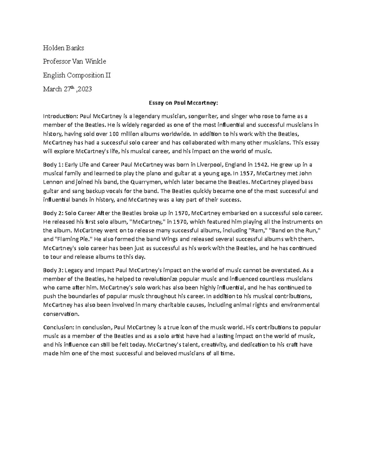 Paul Mccartney Essay - Holden Banks Professor Van Winkle English ...