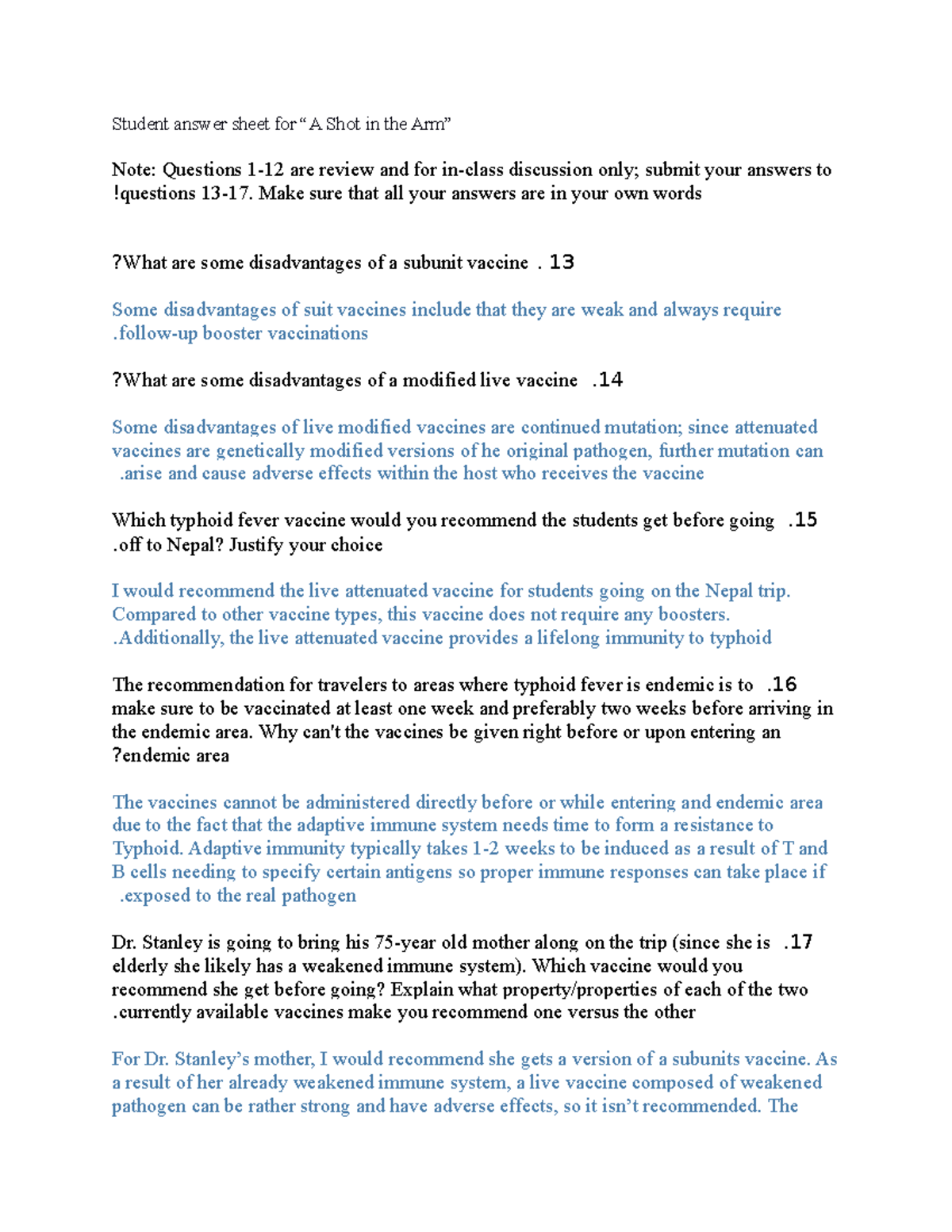 Student answer sheet for a shot in the arm - Student answer sheet for ...