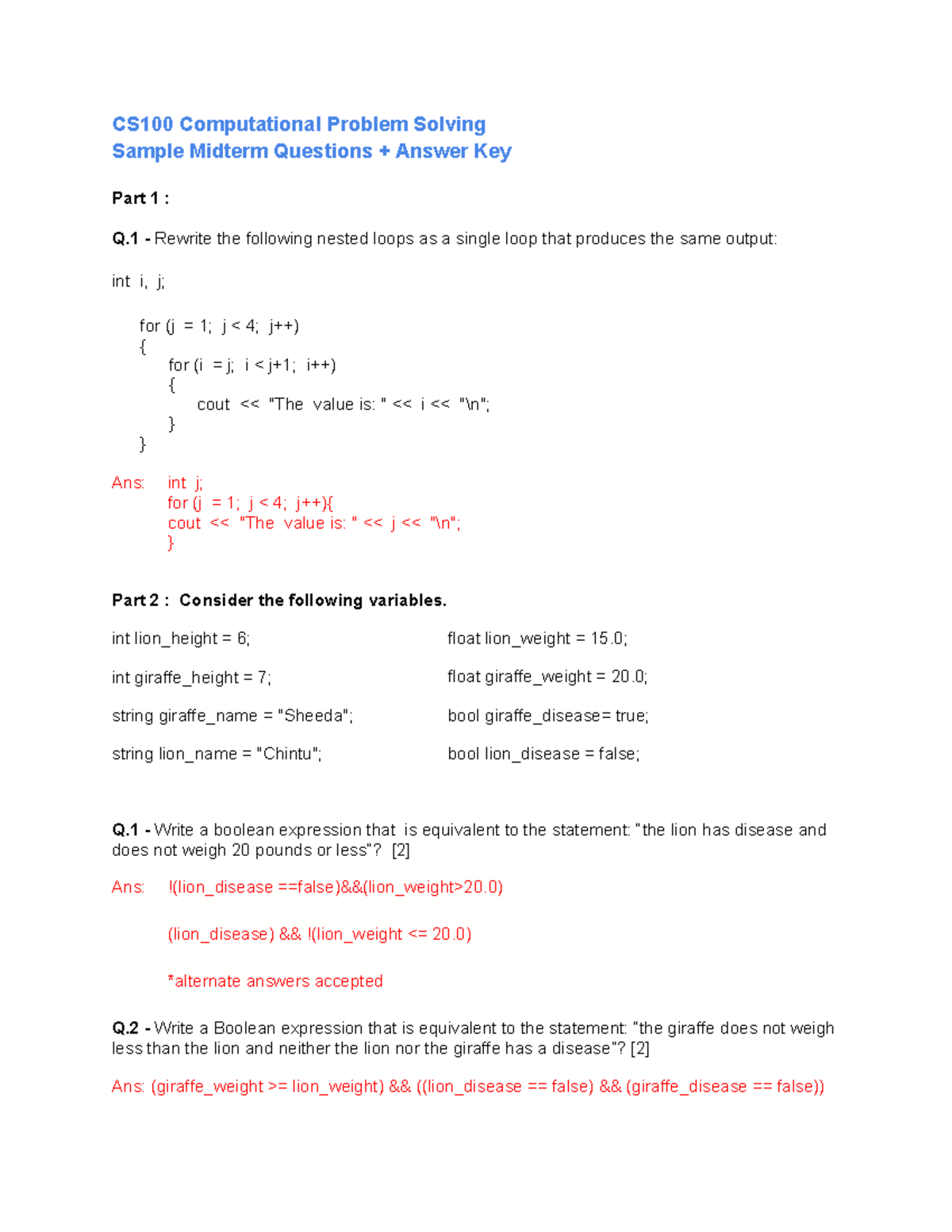 CS100 Practice Mid Questions Part 1 - CS100 Computational Problem Solving Sample Midterm ...