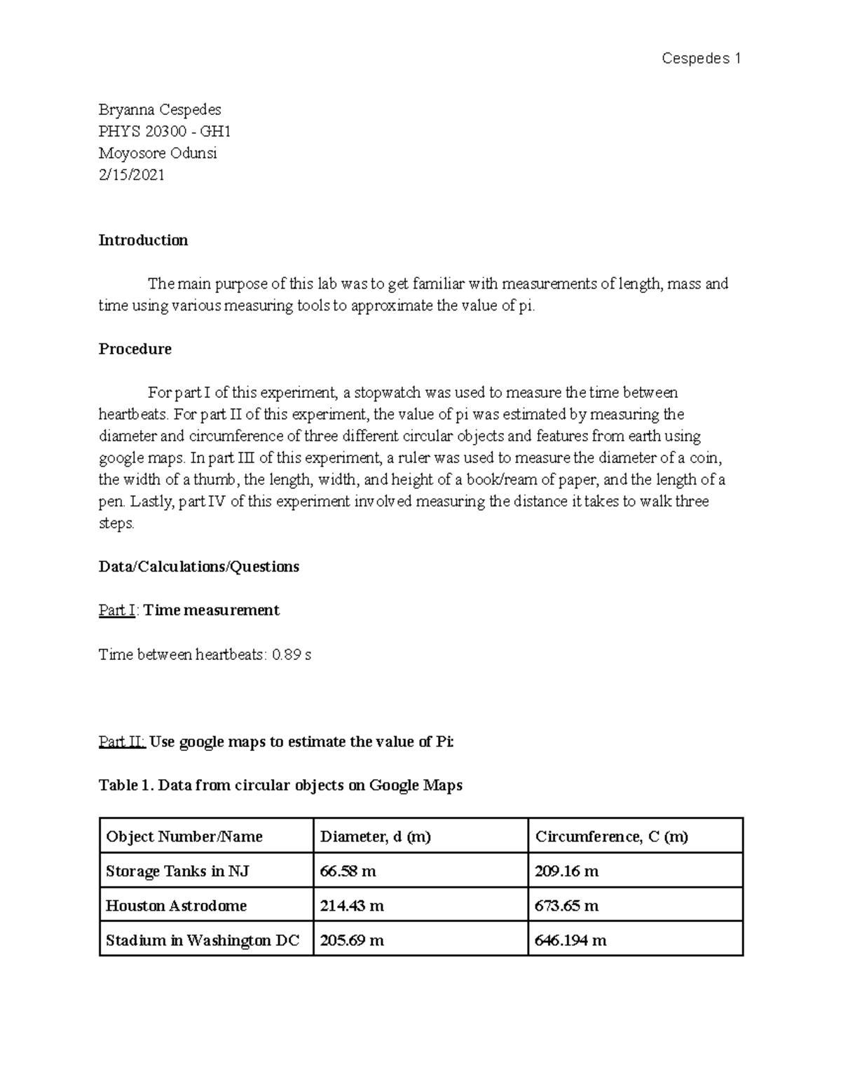 Phys lab 1 - phys lab 1 - Bryanna Cespedes PHYS 20300 - GH Moyosore ...