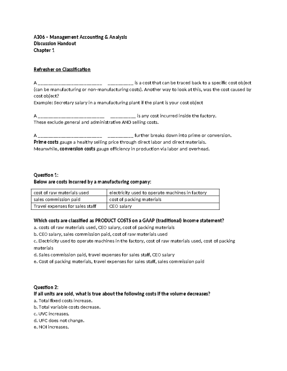 A306 Disc Handout Chapter 1 - A306 – Management Accounting & Analysis ...