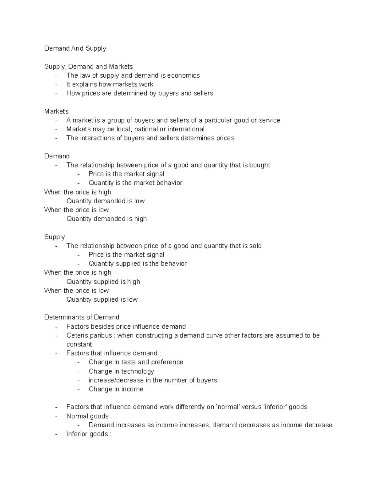 ECON102 Demand and Supply notes - Demand And Supply Supply, Demand and ...