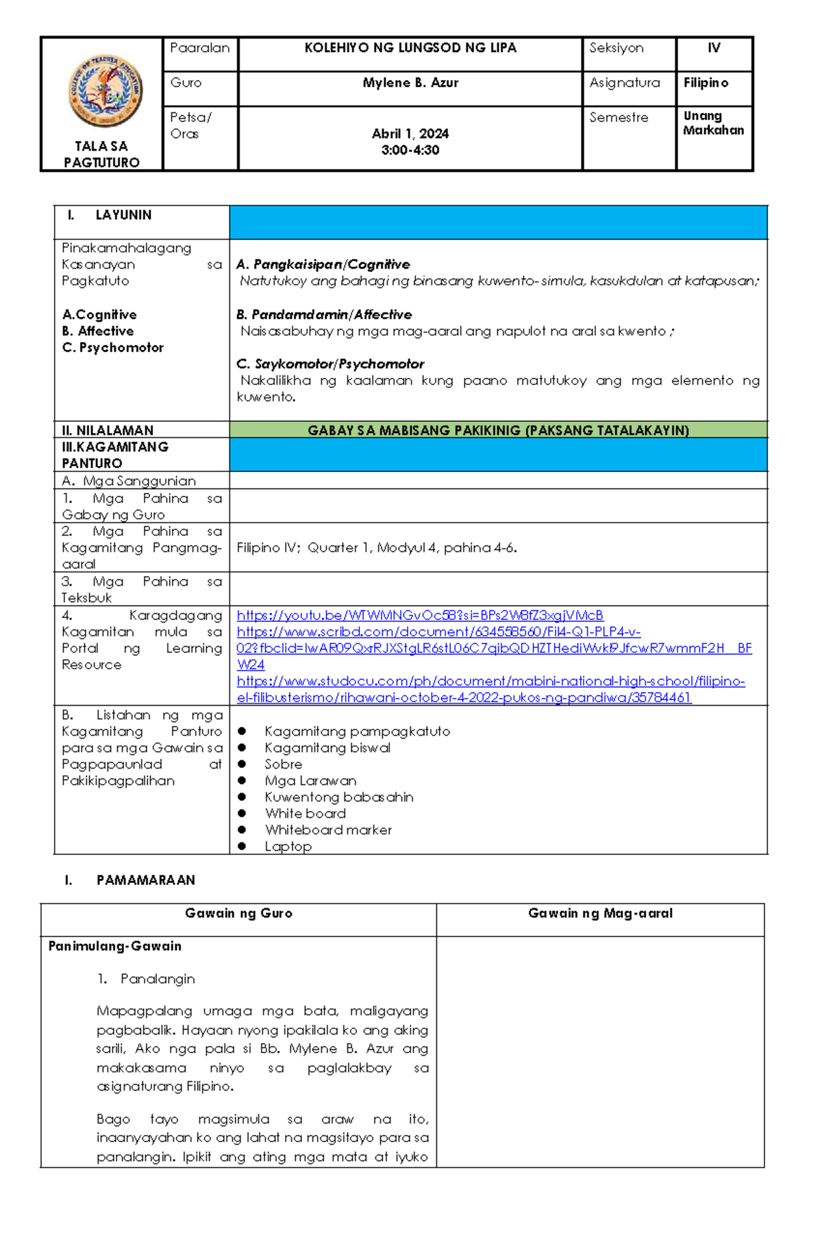 Final DEMO DLP Filipino - I. LAYUNIN Pinakamahalagang Kasanayan sa ...