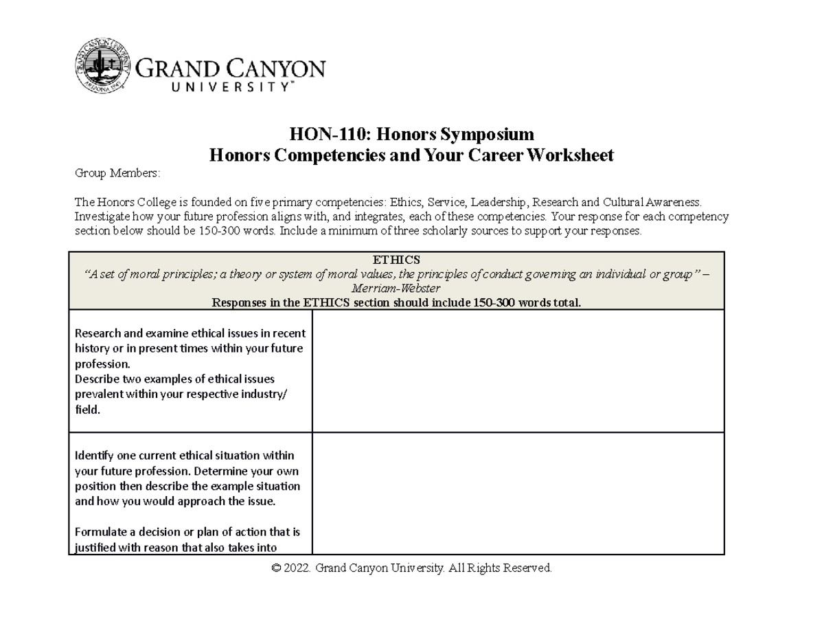 HON 110 RS T1 - clc - HON-110: Honors Symposium Honors Competencies and ...
