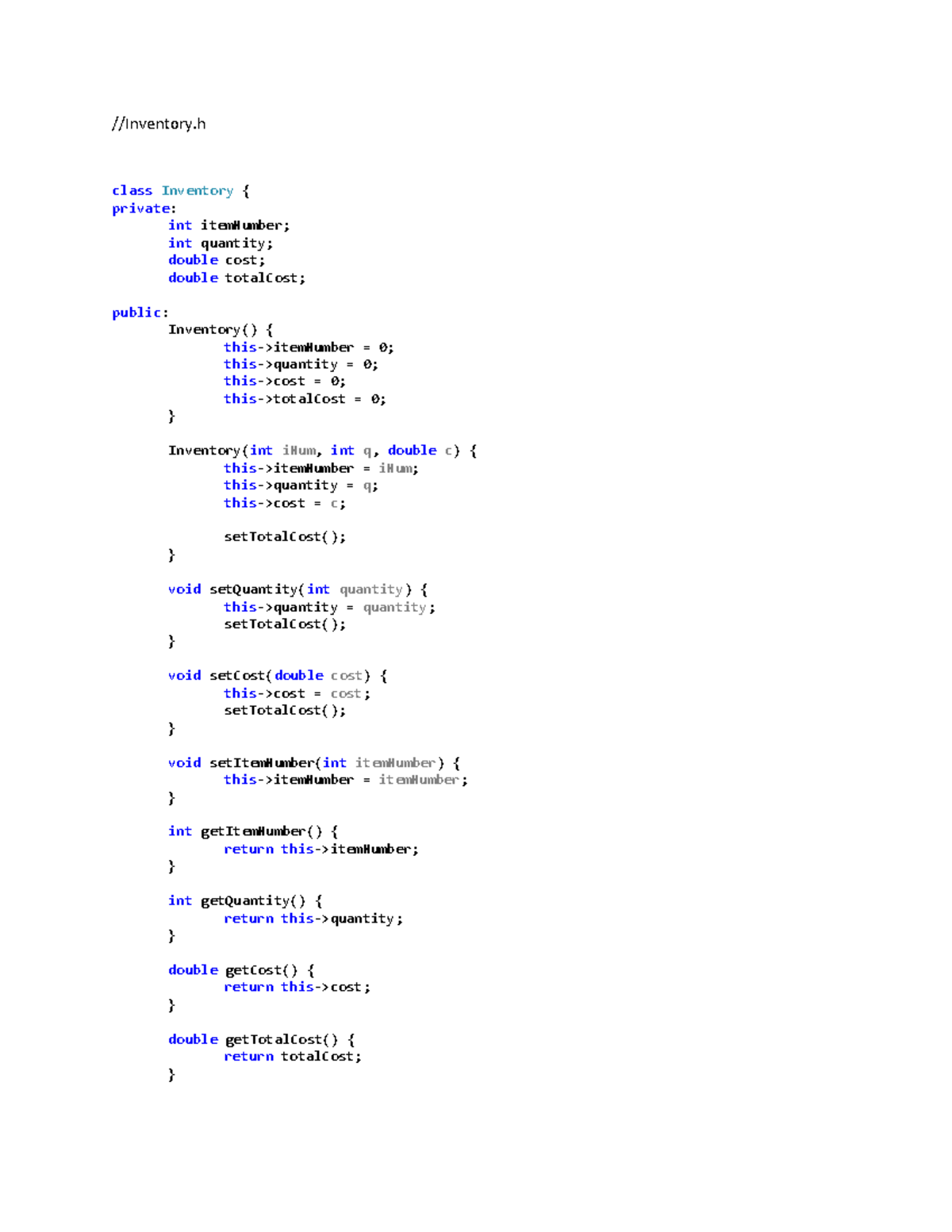 Lab6 Task1 Solution - Inventory class Inventory { private: int itemNumber; int quantity; double ...