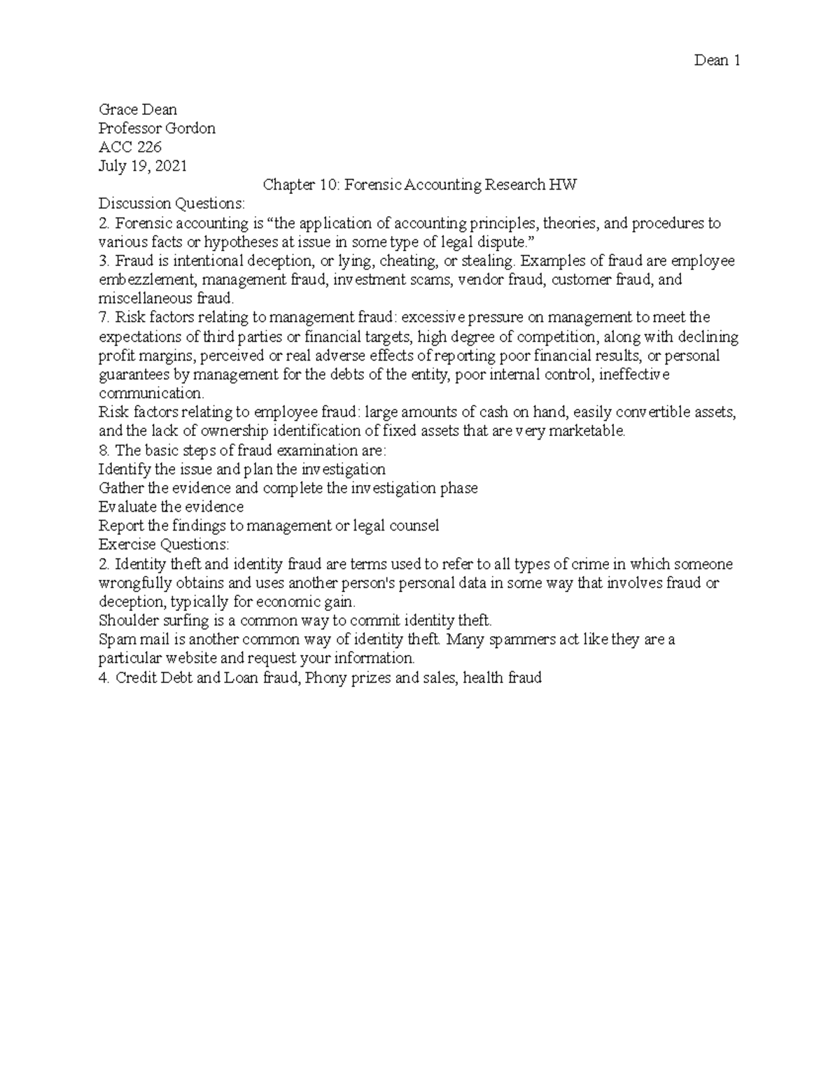 Chapter 10 HW- Dean ACC226 - Dean 1 Grace Dean Professor Gordon ACC 226 ...