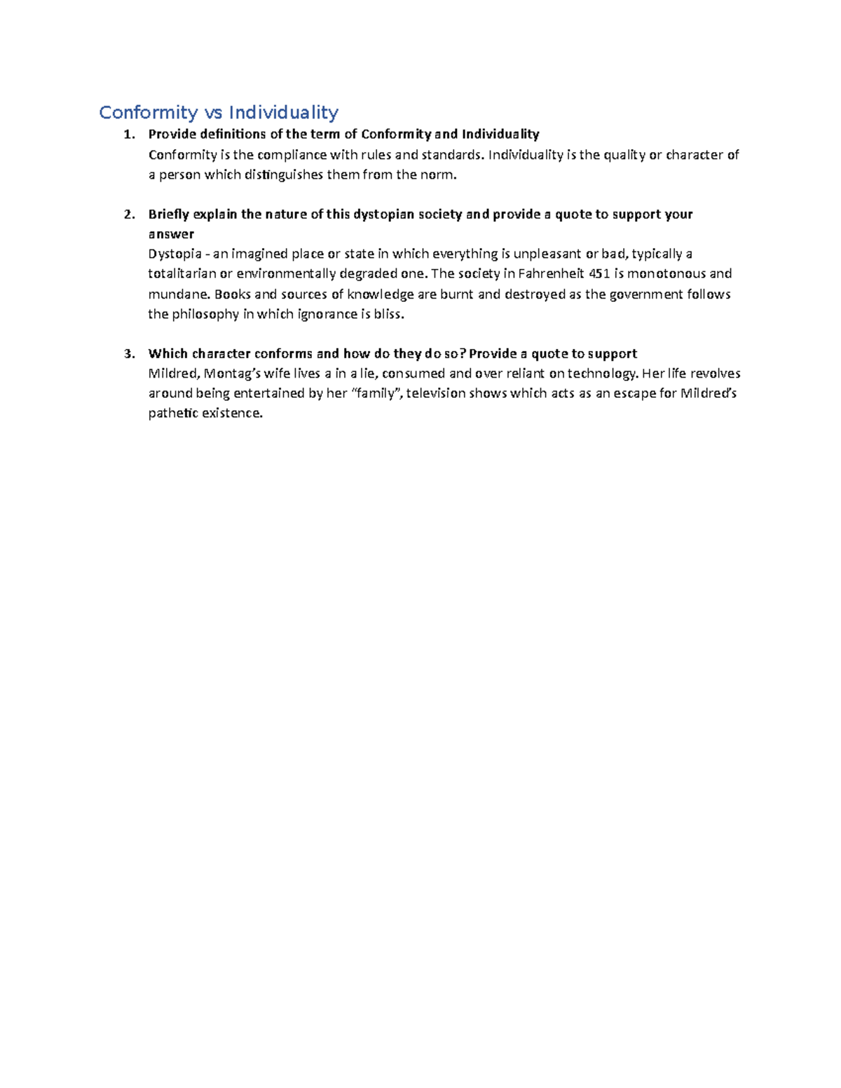 Conformity vs Individuality - Provide definitions of the term of ...