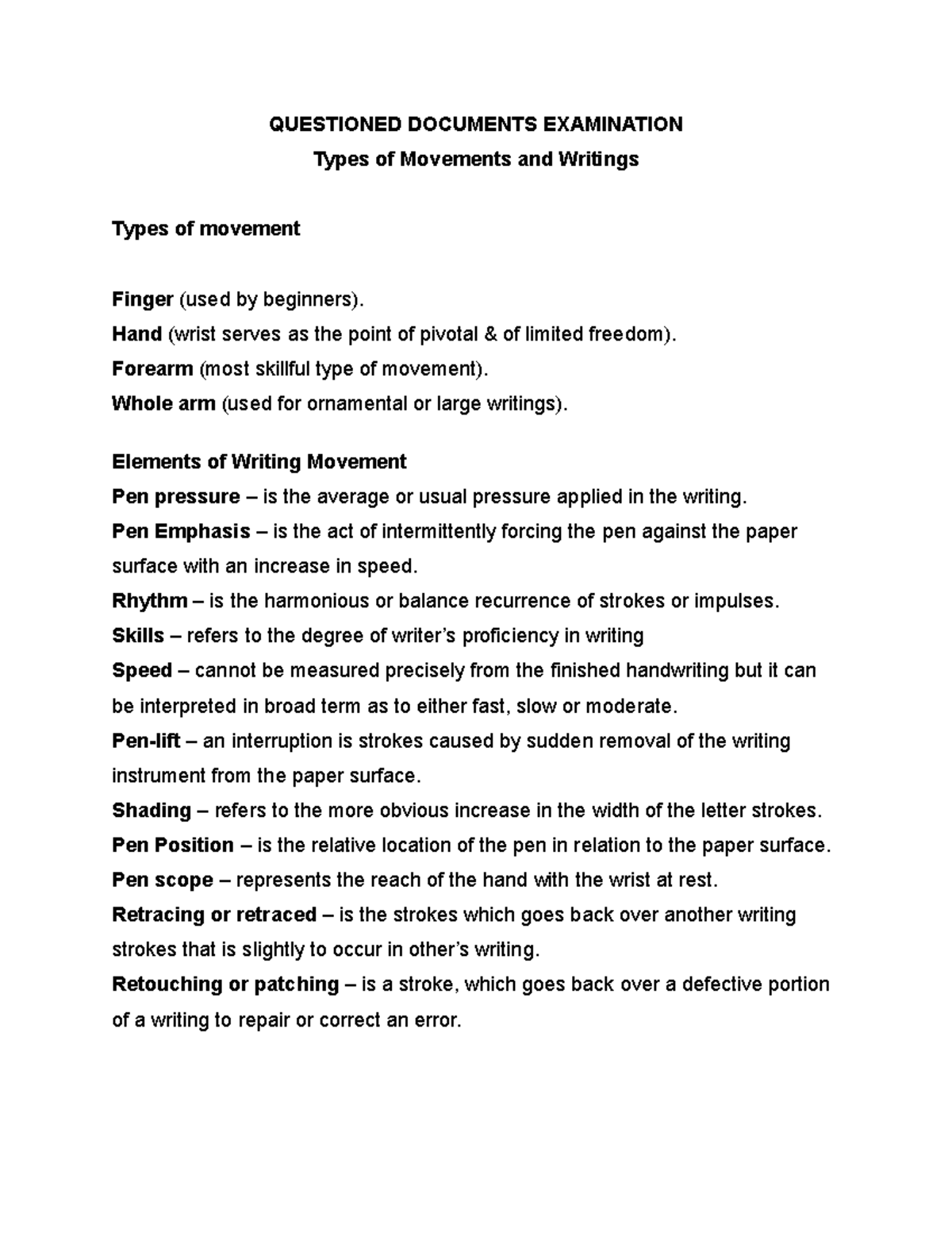 Notes in Criminalistics - Types of Movements and Writings - QUESTIONED ...