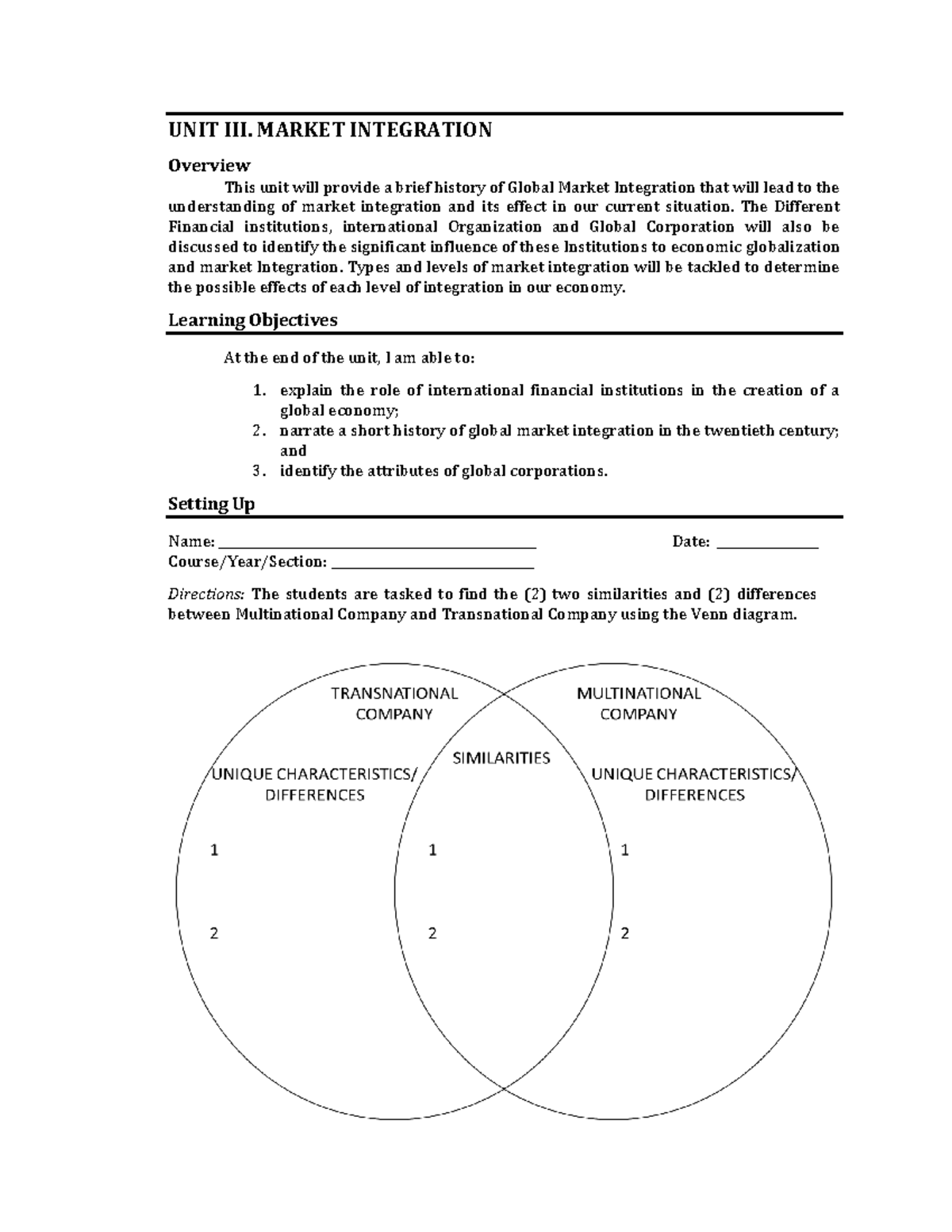 GEN ED 3 UNIT 3 - ccc - UNIT III. MARKET INTEGRATION Overview This unit ...