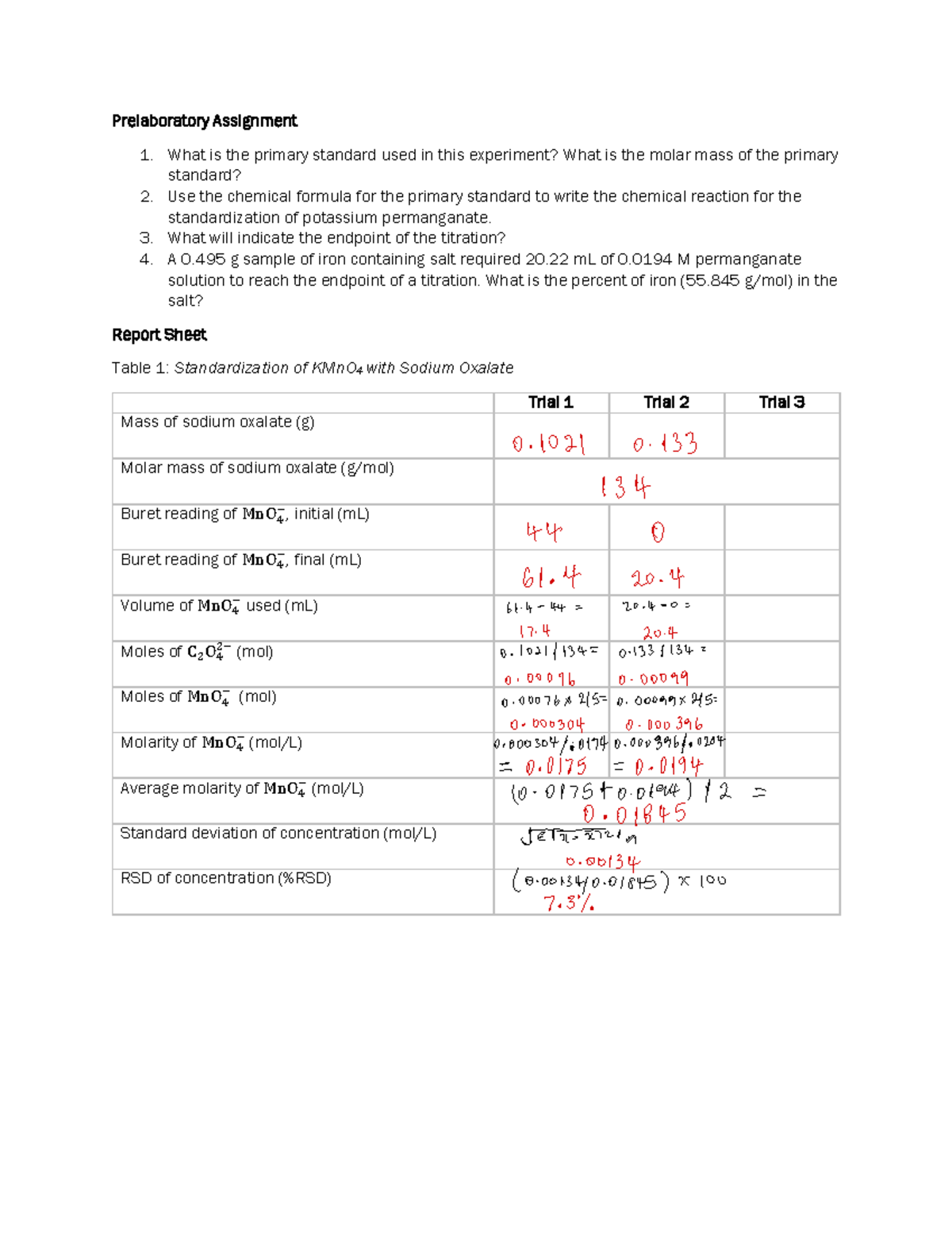 Redox+Titration Lab - Redox Lab report - ####### Prelaboratory Assignment ####### 1. What is the ...