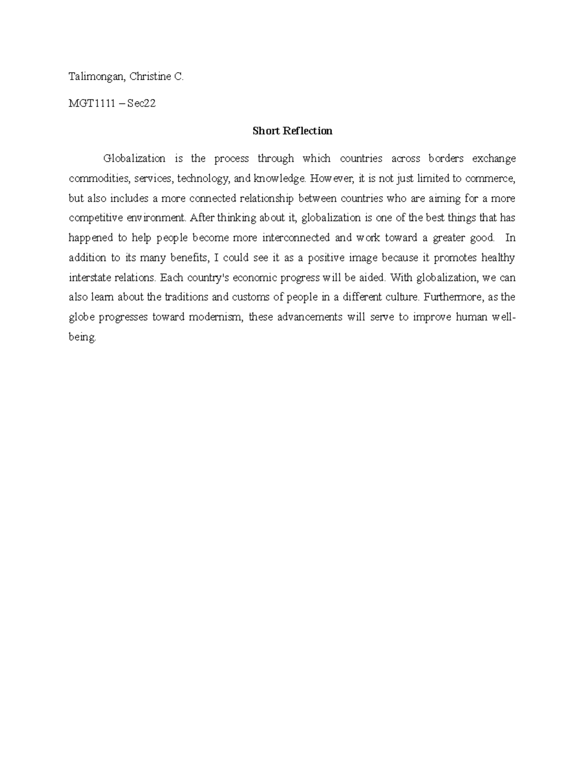 Short reflection - qwjfh;orghie - Talimongan, Christine C. MGT1111 ...
