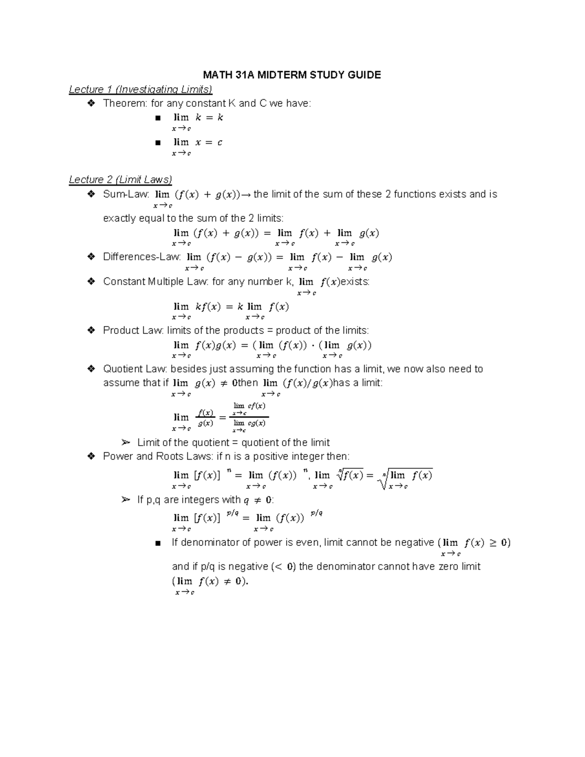 Math 31A Midterm Study Guide - MATH 31A MIDTERM STUDY GUIDE Lecture 1 ...